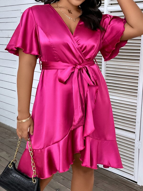 Plus Butterfly Sleeve Ruffle Trim Wrap Hem Belted Satin Dress Shein Usa