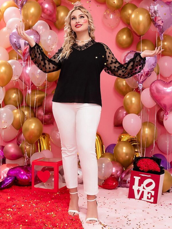 SHEIN Mulvari Blusa con malla jacquard en contraste de manga raglán ribete con encaje de pestaña ...