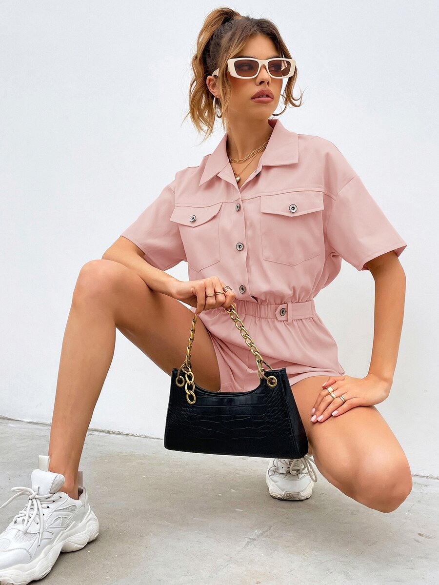 Shein Lune Buttoned Front Pocket Patched Shirt Romper Shein Uk
