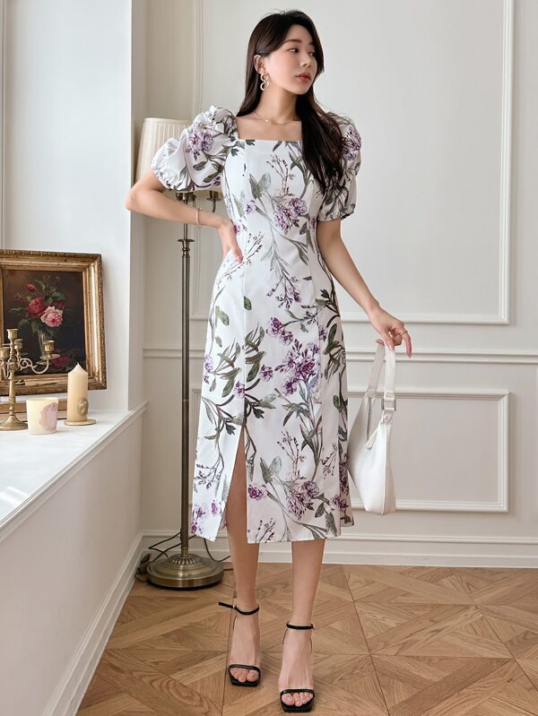 DAZY Vestido impressão floral gola quadrada manga bufante coxa dividida | SHEIN PT