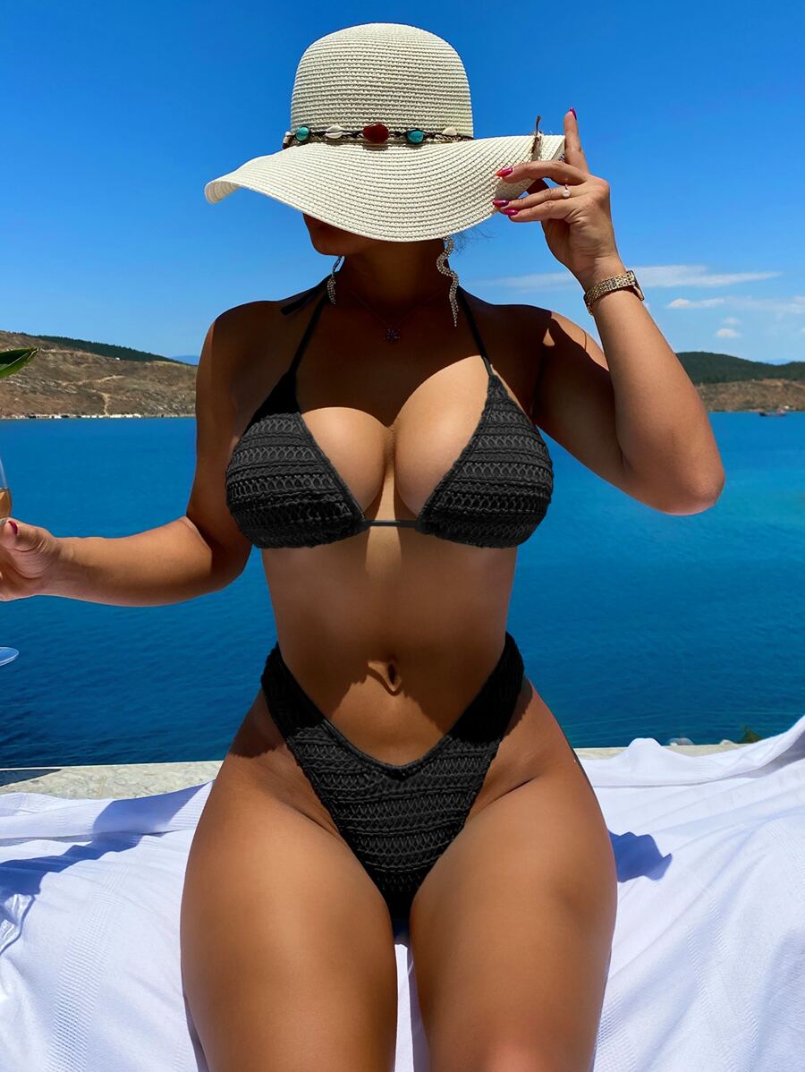 Shein Swim Basics Conjunto De Biquíni Texturizado Cabresto Triângulo