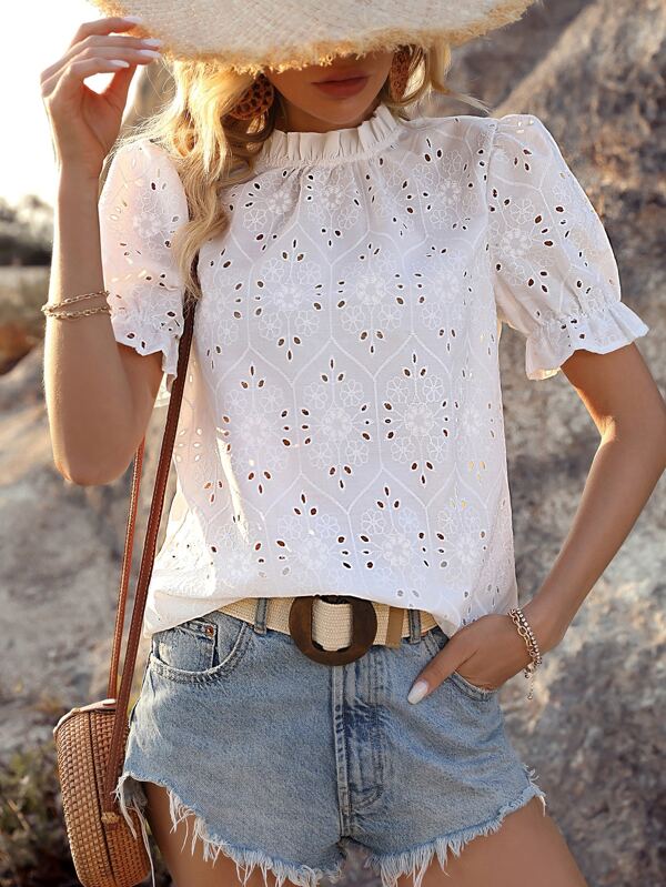 SHEIN VCAY Blusa con bordado con ojal de espalda con abertura de ojo | Moda de Mujer | SHEIN México