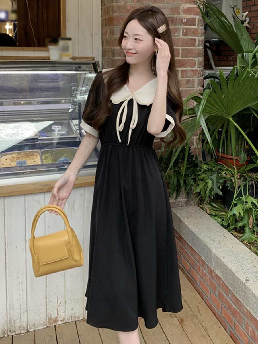 Honeyspot コントラストカラー 前結び パフスリーブ ドレス | SHEIN JAPAN