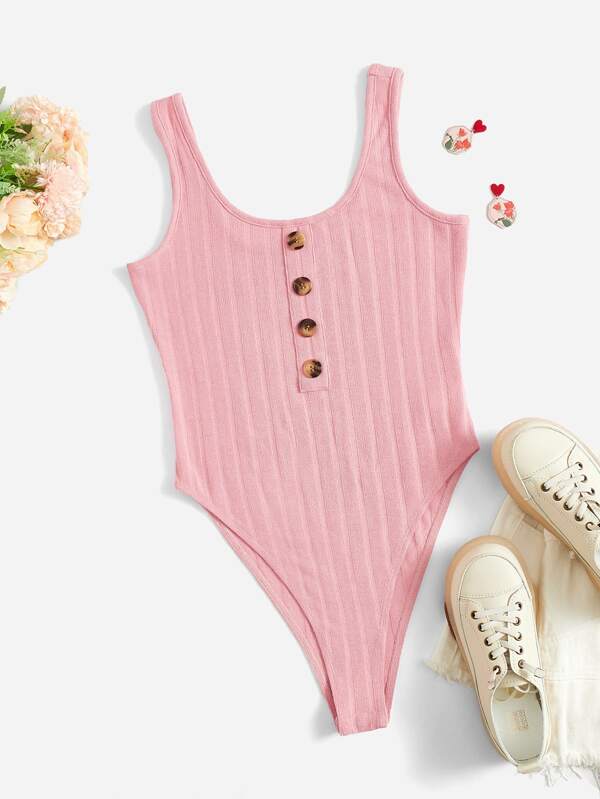 Shein Ezwear Body Tank Con Botón Delantero Tejido De Canalé Moda De