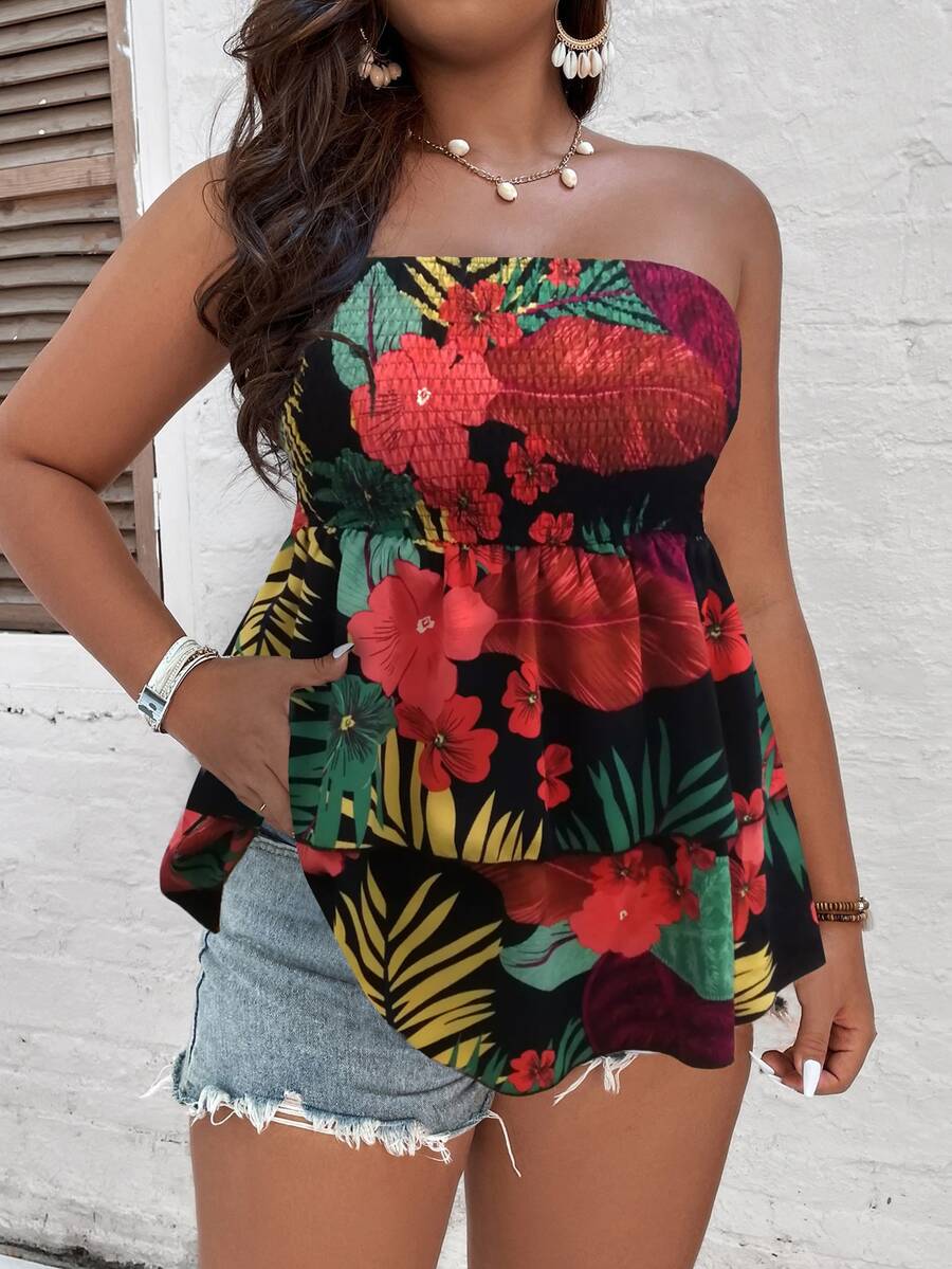 SHEIN VCAY Plus Floral & Tropical Print Shirred Detail Peplum Tube Top | SHEIN USA
