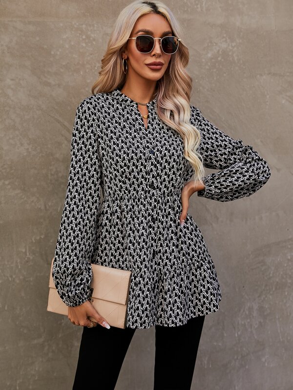 Shein Lune Allover Print Notched Neckline Lantern Sleeve Peplum Blouse