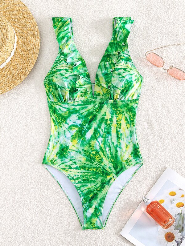 Tie Dye Ruffle Trim One Piece Swimsuit Shein Eur
