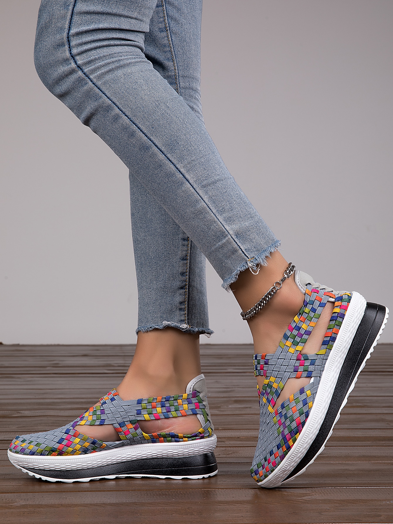 Sporty Black Wedge Sneakers For Women Colorblock Cut Out Design Braided Detail Shoes