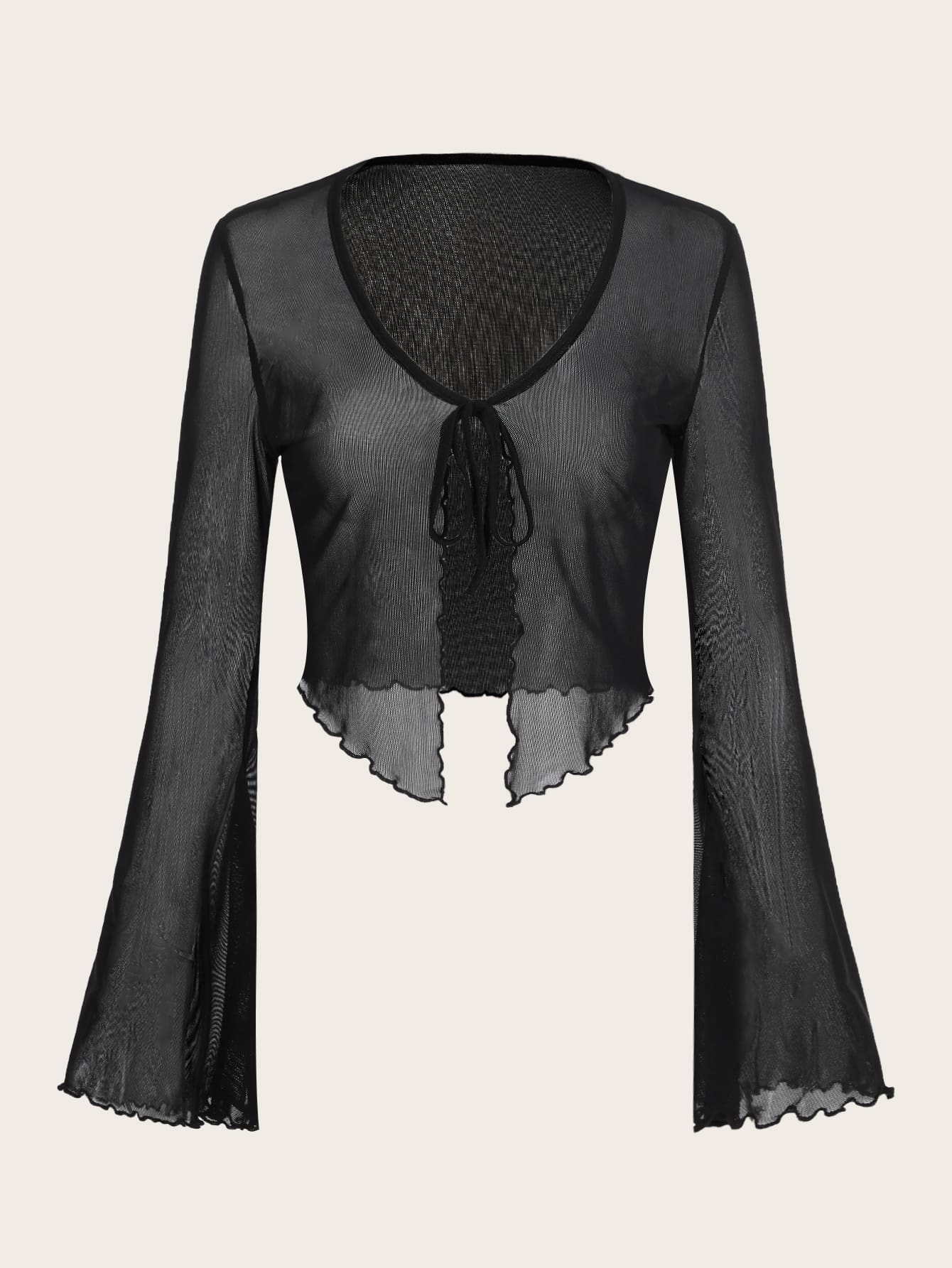 Shein Icon Top Amarração Frontal Guarnição De Alface Manga De Trombeta