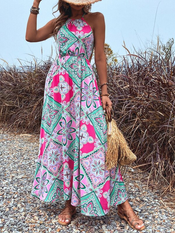 SHEIN VCAY Vestido con estampado de pañuelo de espalda abierta con cordón de cuello halter ...