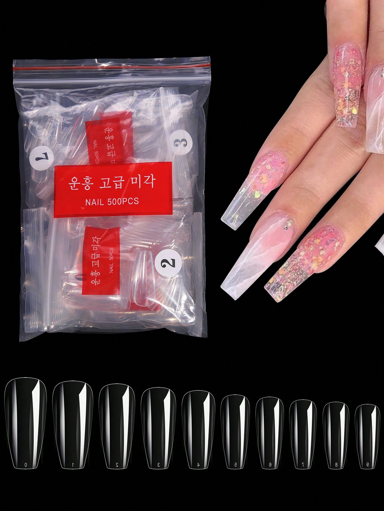 500 piezas Uña postiza largo ataúd transparente
