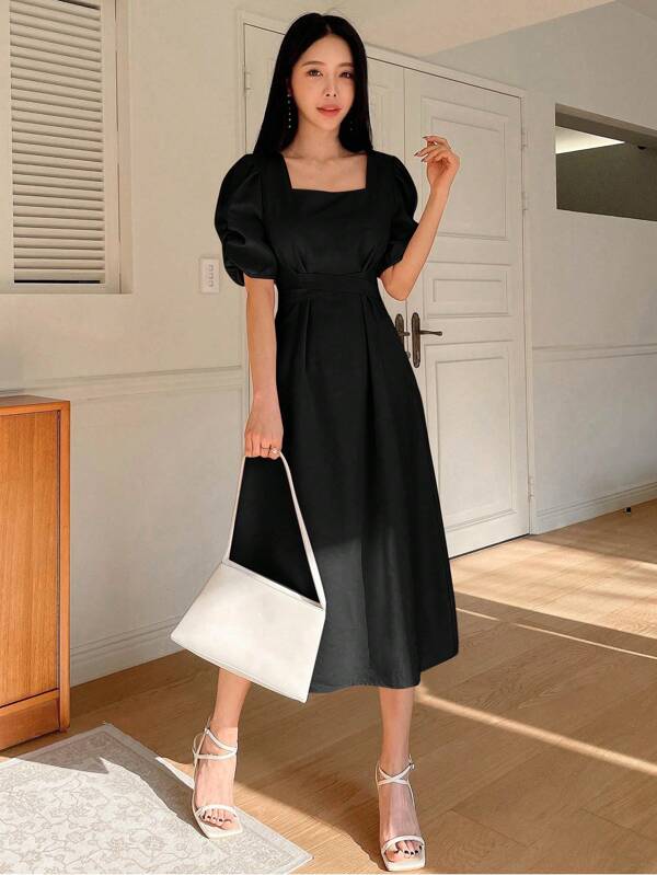 DAZY Kpop Gola Quadrada Manga Bufante Detalhe De Pregas Dobradas Vestido | SHEIN Brasil