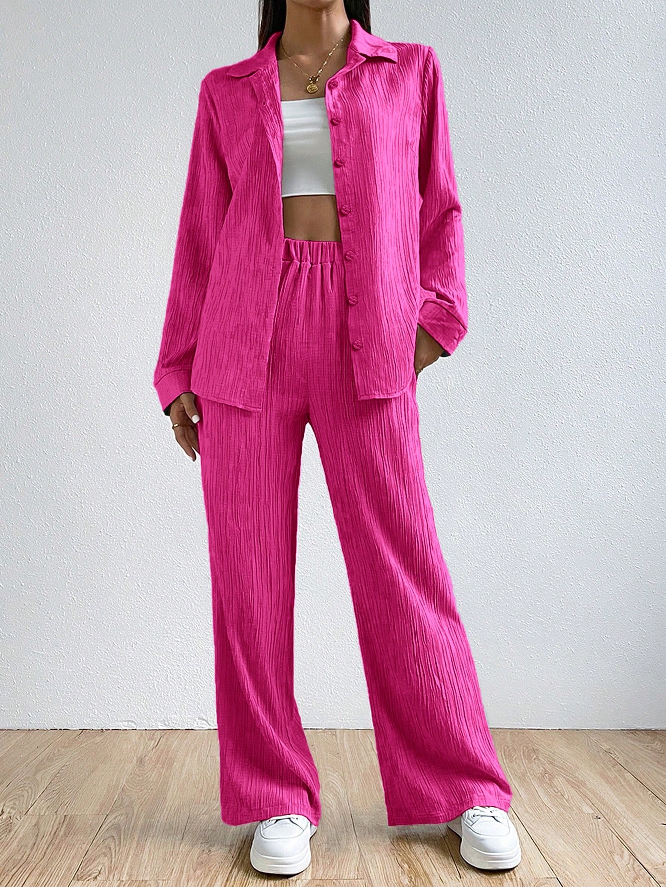 Shein Ezwear Sólido Botão Frontal Camisa And Calças Pernas Largas