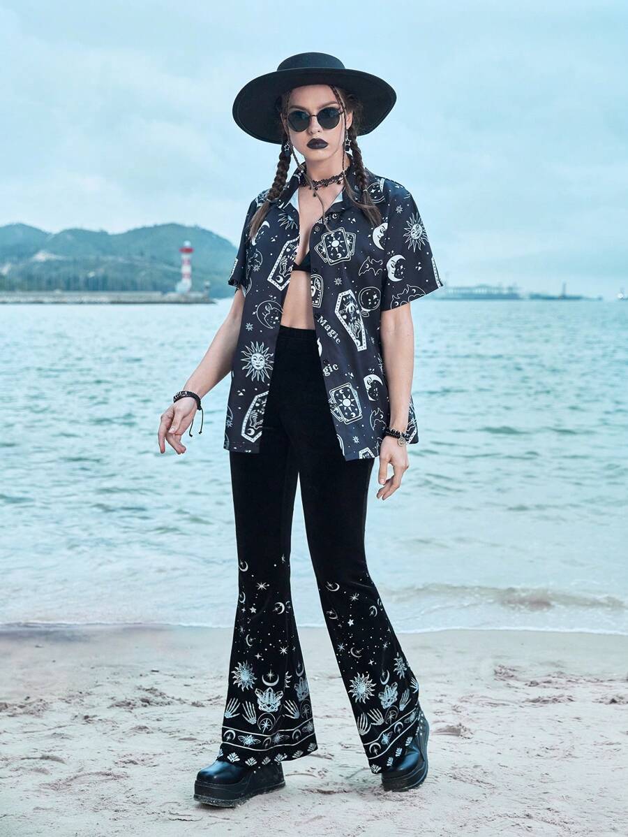 Romwe Goth Camisa Con Estampado De Sol Y Luna Con Botón Delantero