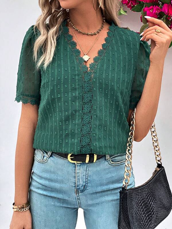 Shein Unity Swiss Dot Guipure Lace Trim Puff Sleeve Blouse Shein Usa