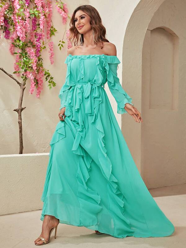 Fniseti Off Shoulder Ruffle Trim Belted Chiffon Maxi Dress Shein Usa