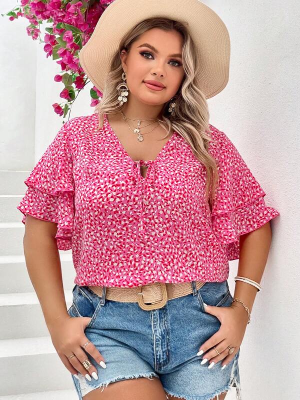 Shein Lune Plus Allover Print Tie Neck Butterfly Sleeve Blouse Shein Usa
