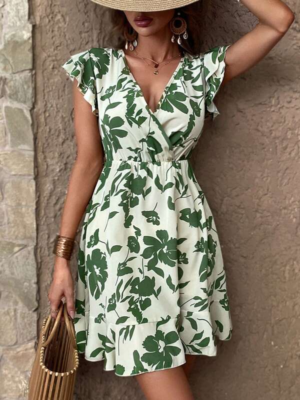 SHEIN VCAY Vestido con estampado floral de manga mariposa bajo con fruncido | Moda de Mujer ...