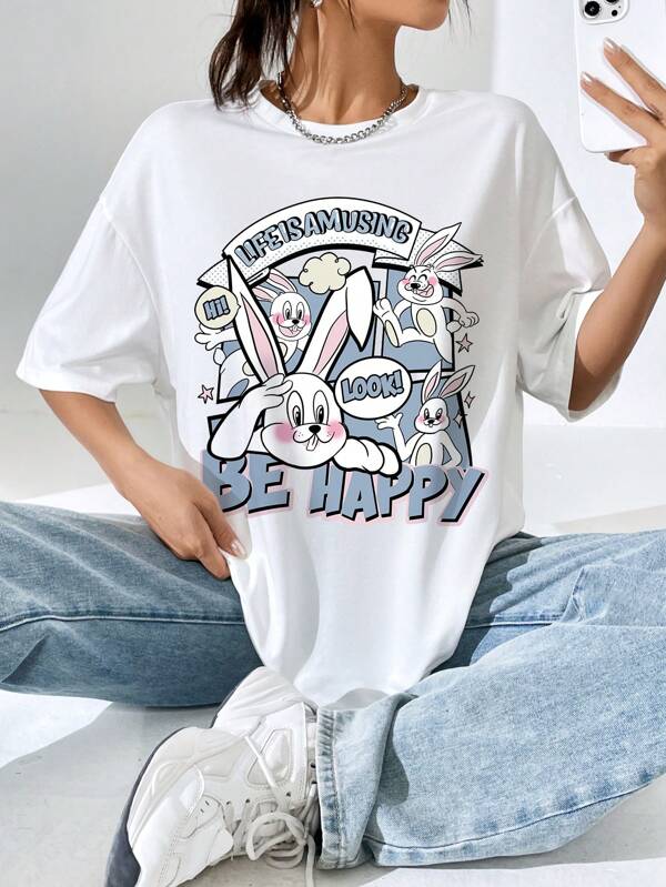 Shein Ezwear Rabbit And Letter Graphic Drop Shoulder Oversized Tee