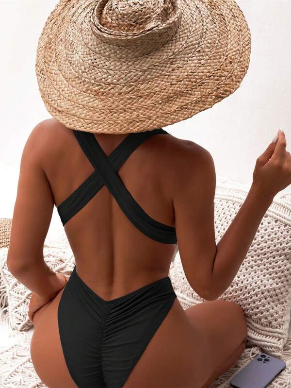 Shein Swim Bae Solid Criss Cross Ruched Backless One Piece Swimsuit