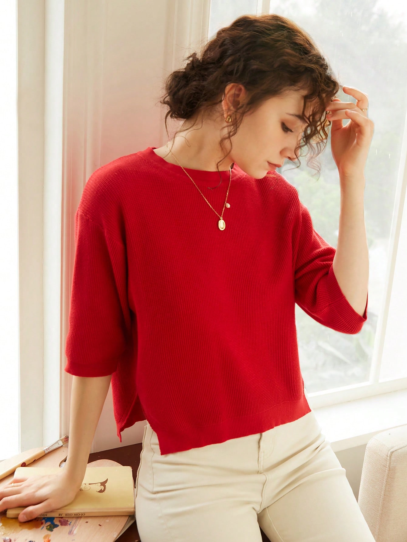 Knit Mix Solid Drop Shoulder Knit Top