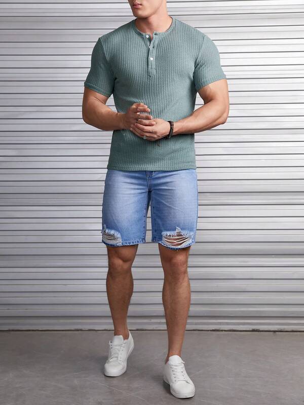 Manfinity Homme Men Half Button Waffle Knit Tee | SHEIN USA