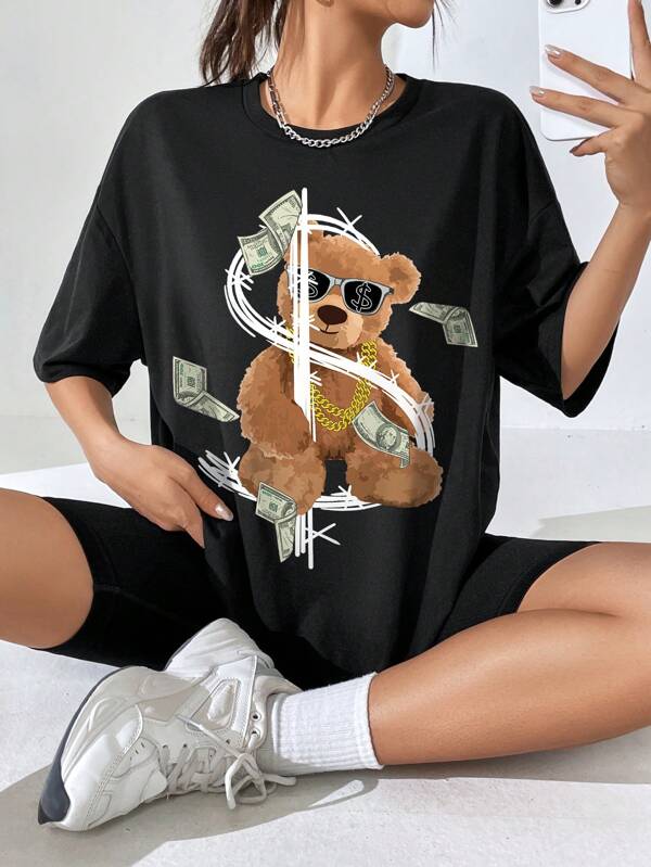 Shein Ezwear Bear Print Drop Shoulder Oversized Tee Shein Usa