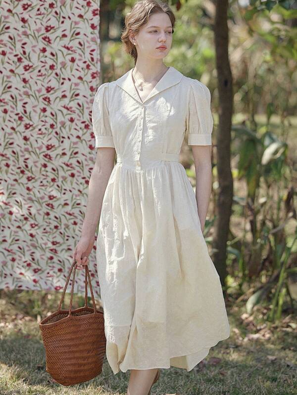 Simple Retro Vestido camisero de manga farol con botón delantero | Moda de Mujer | SHEIN México