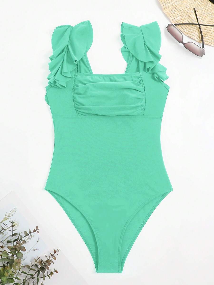 Shein Ruched Bust Ruffle Trim One Piece Swimsuit Shein Usa
