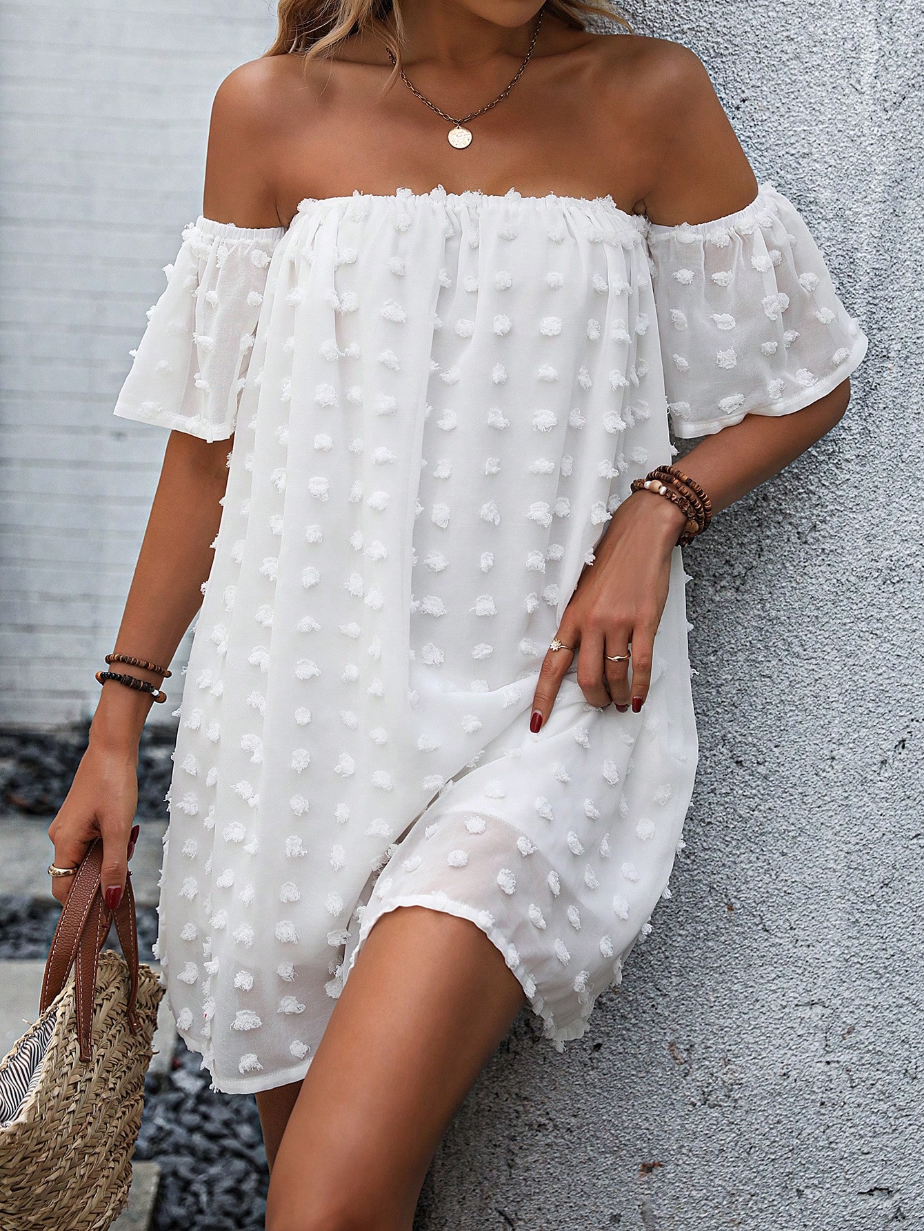 Shein Lune Swiss Dot Off Shoulder Dress