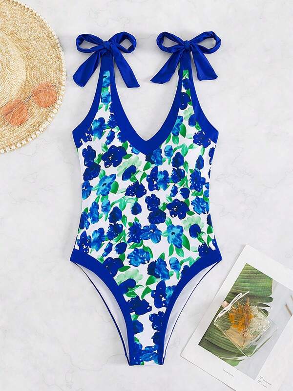 Floral Print Tie Shoulder One Piece Swimsuit Shein Usa