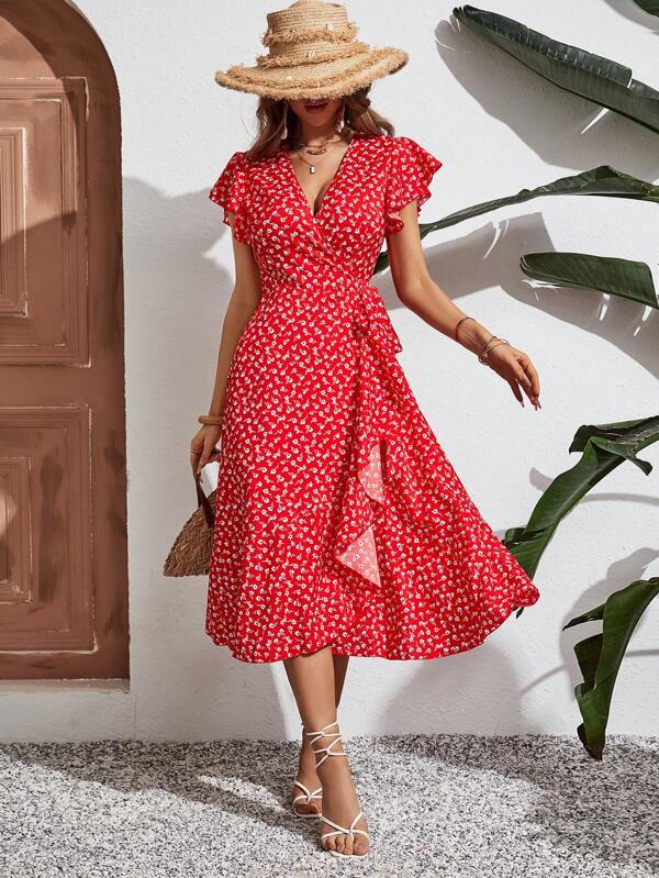 SHEIN Frenchy Boho Vrolijke Bloemetjes Jurk Geknoopt Rimpeling Wrap | SHEIN Nederland