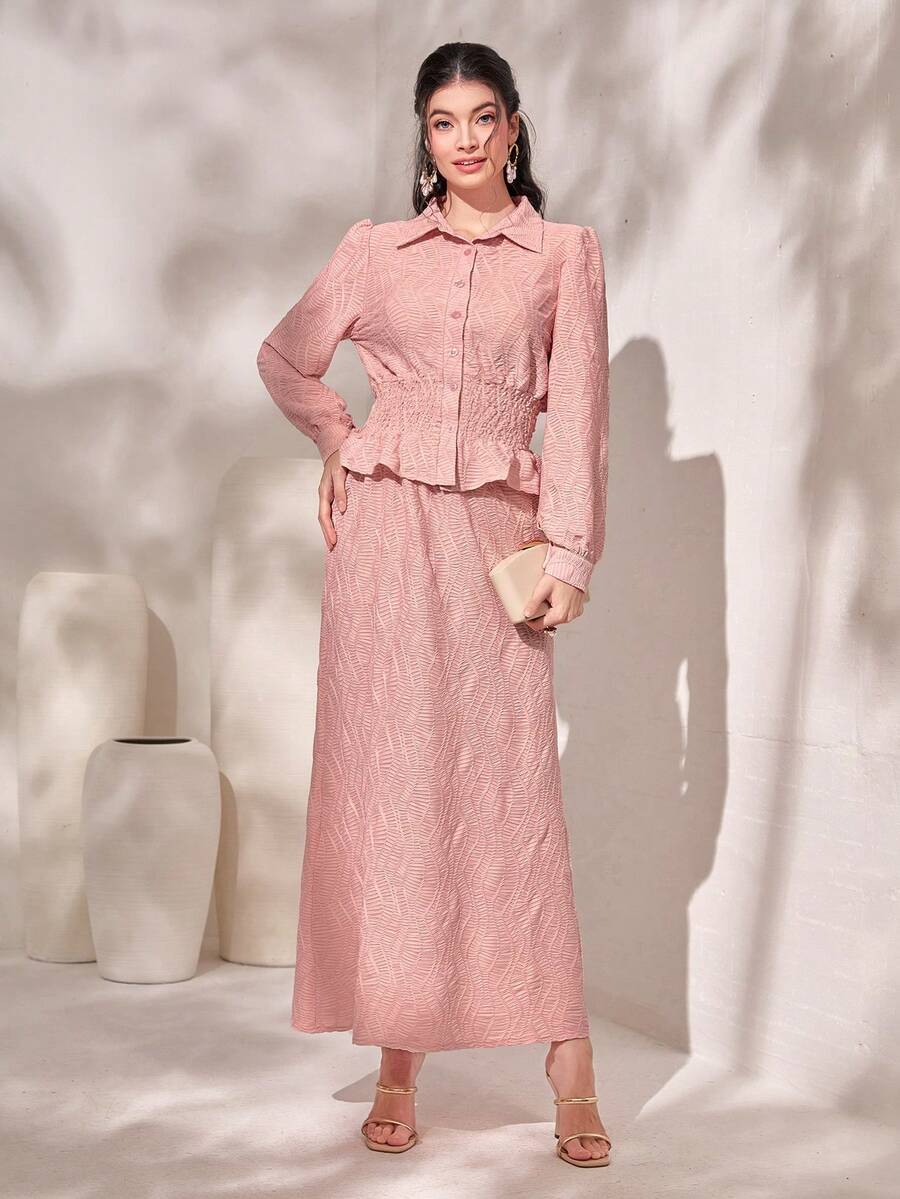 Shein Modely Puff Sleeve Peplum Blouse And Skirt Shein Usa