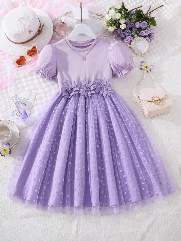 Shein Kids Charmng Girls Mesh Overlay Puff Sleeve Appliques Front Dress 