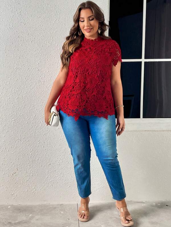 SHEIN Clasi Talla grande Blusa con encaje de cuello alto | Moda de Mujer | SHEIN México