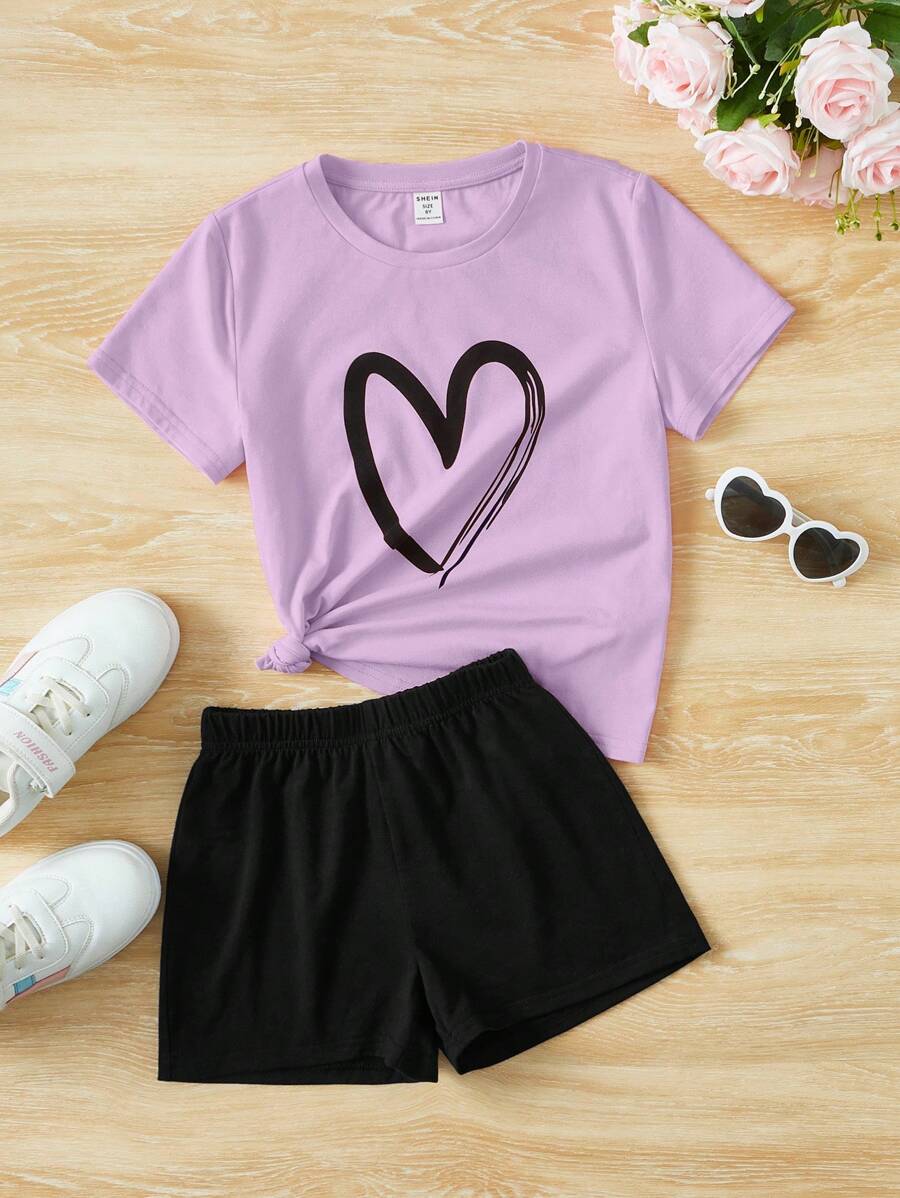 SHEIN Tween Girl Knit Casual 2pcs/Set Love Heart Pattern T-Shirt And Shorts | SHEIN USA