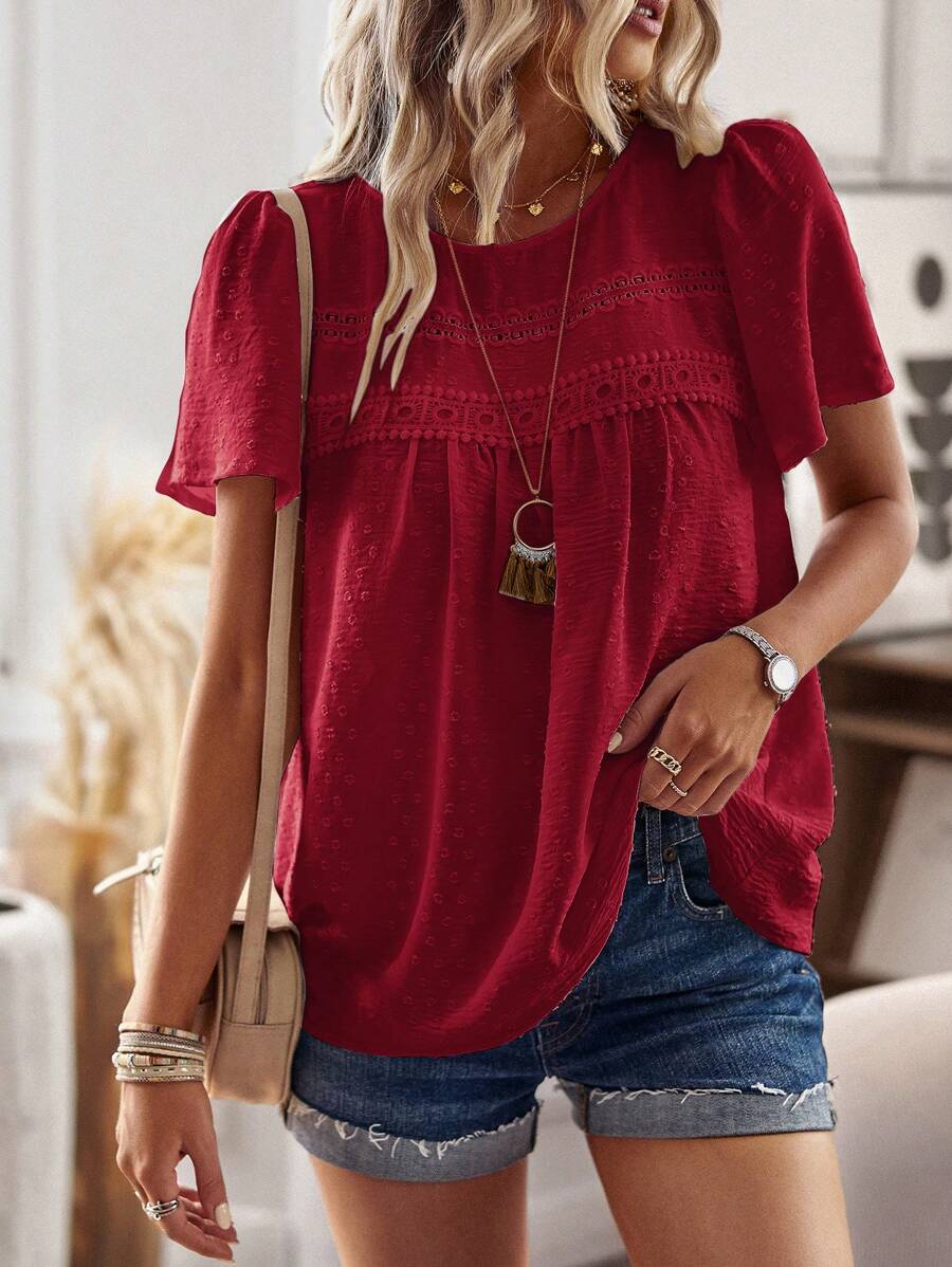 Shein Lune Swiss Dot Contrast Lace Puff Sleeve Blouse Shein Usa
