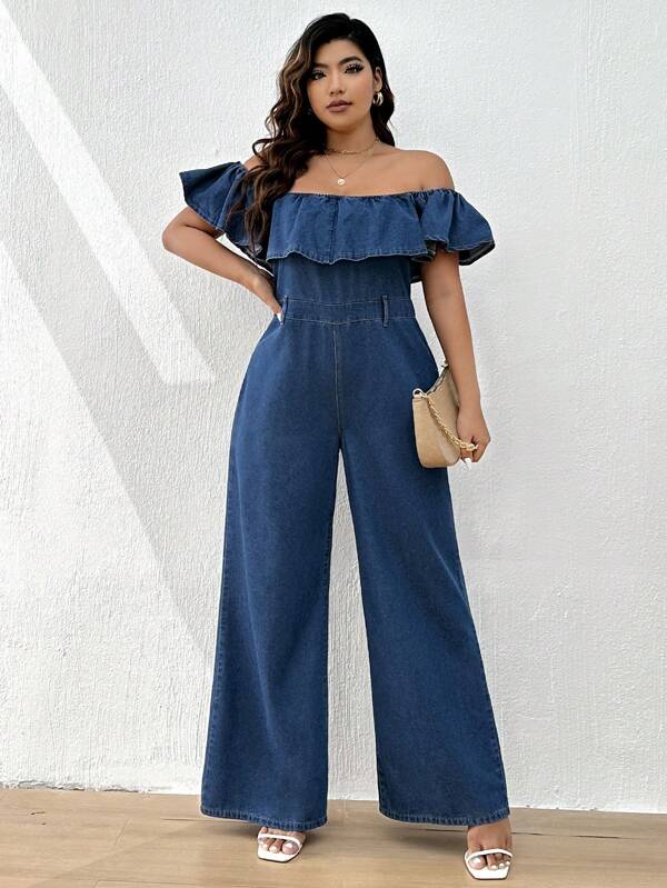 Shein Privé Plus Off Shoulder Ruffle Trim Wide Leg Denim Jumpsuit