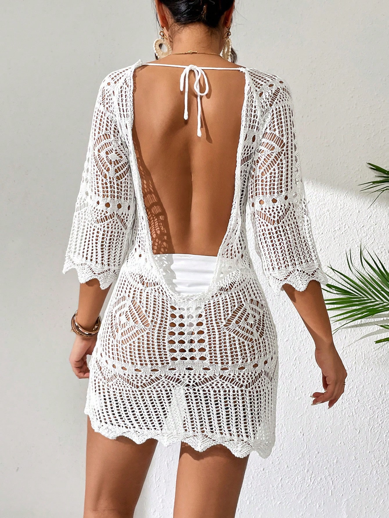 Shein Swim Bohofeel Hollow Out Scallop Trim Tie Backless Cover Up Dress