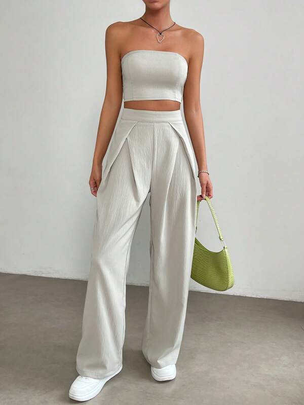 SHEIN EZwear Solid Crop Tube Top & Wide Leg Pants | SHEIN USA