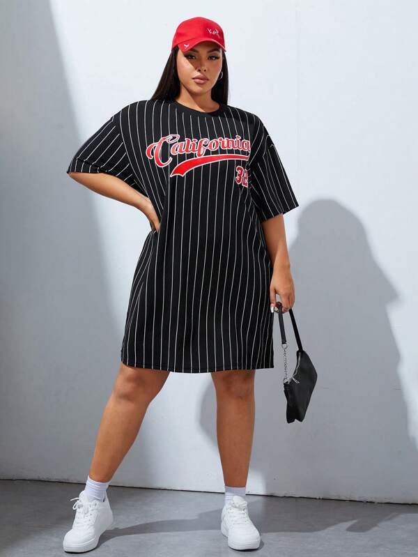 Shein Coolane Plus Striped And Letter Graphic Drop Shoulder Tee Dress