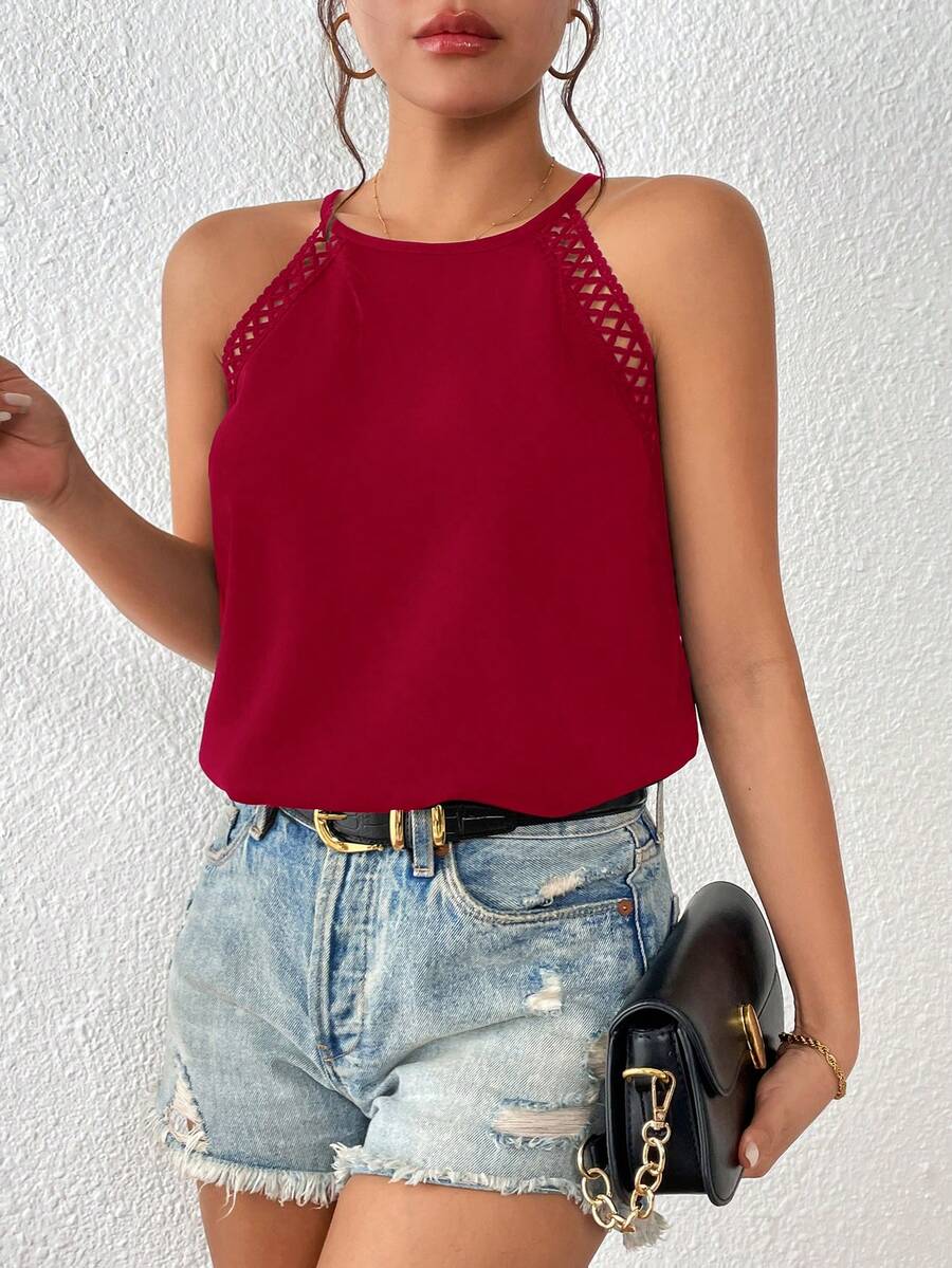 SHEIN Frenchy Top halter de espalda abierta con cordón con encaje en contraste | Moda de Mujer ...