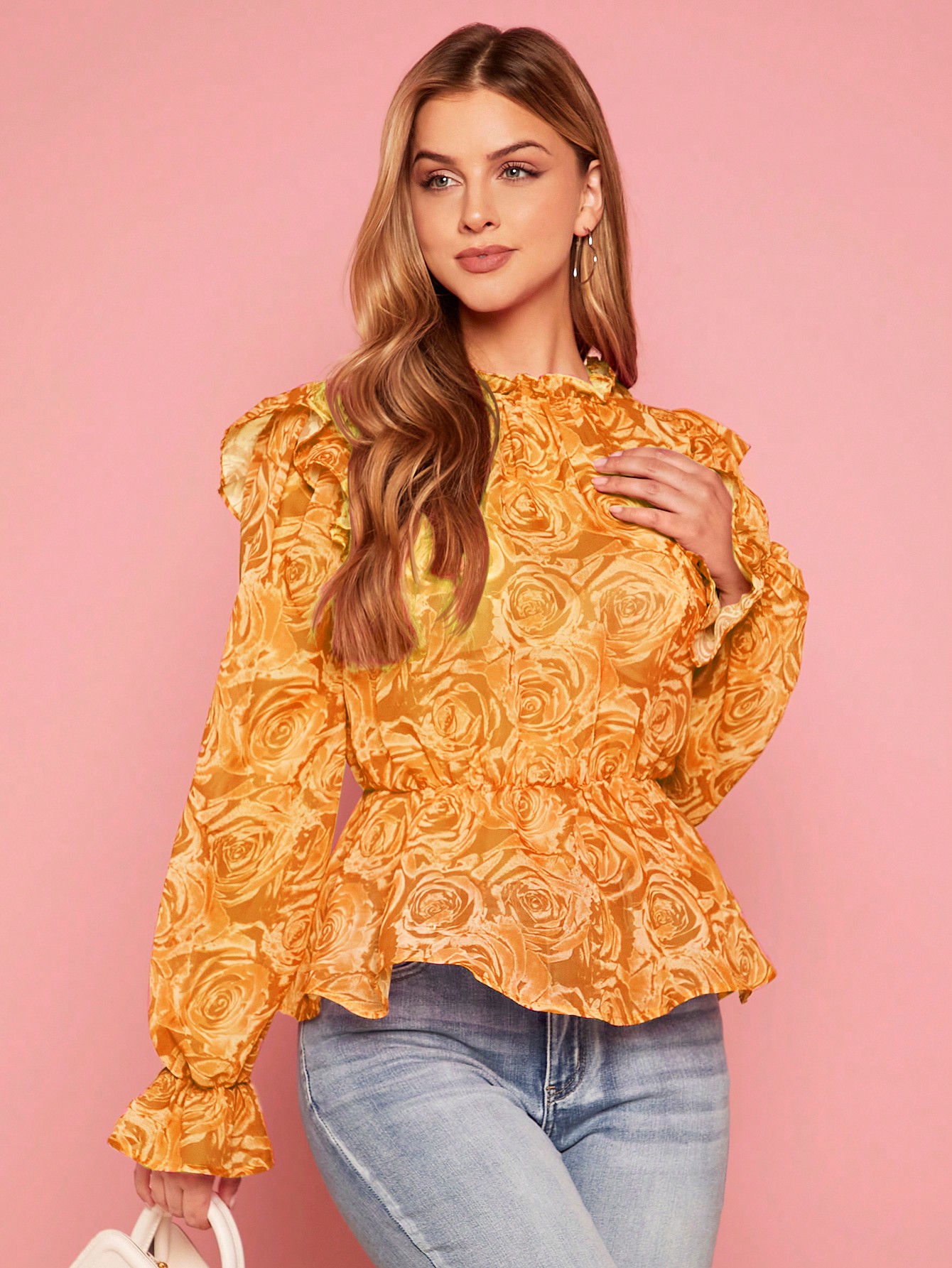 Shein Privé Floral Print Ruffle Trim Flounce Sleeve Peplum Blouse