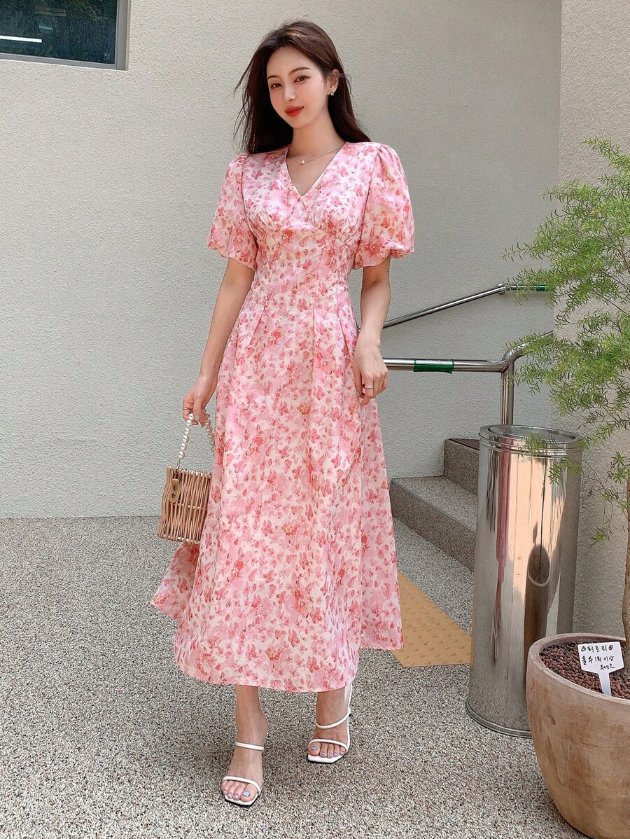 DAZY Impressão Floral Allover Manga Bufante Vestido | SHEIN Brasil