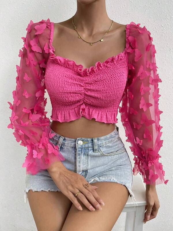 Shein Privé Crop Top Mit Applikation Kontrast Netzstoff Rüschenbesatz