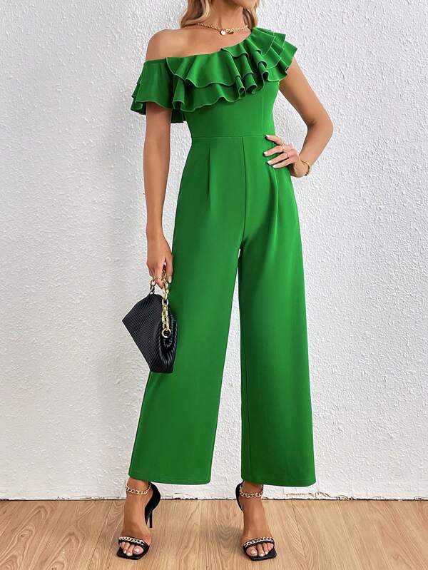 Shein Privé Asymmetrical Neck Ruffle Trim Wide Leg Jumpsuit Shein Usa