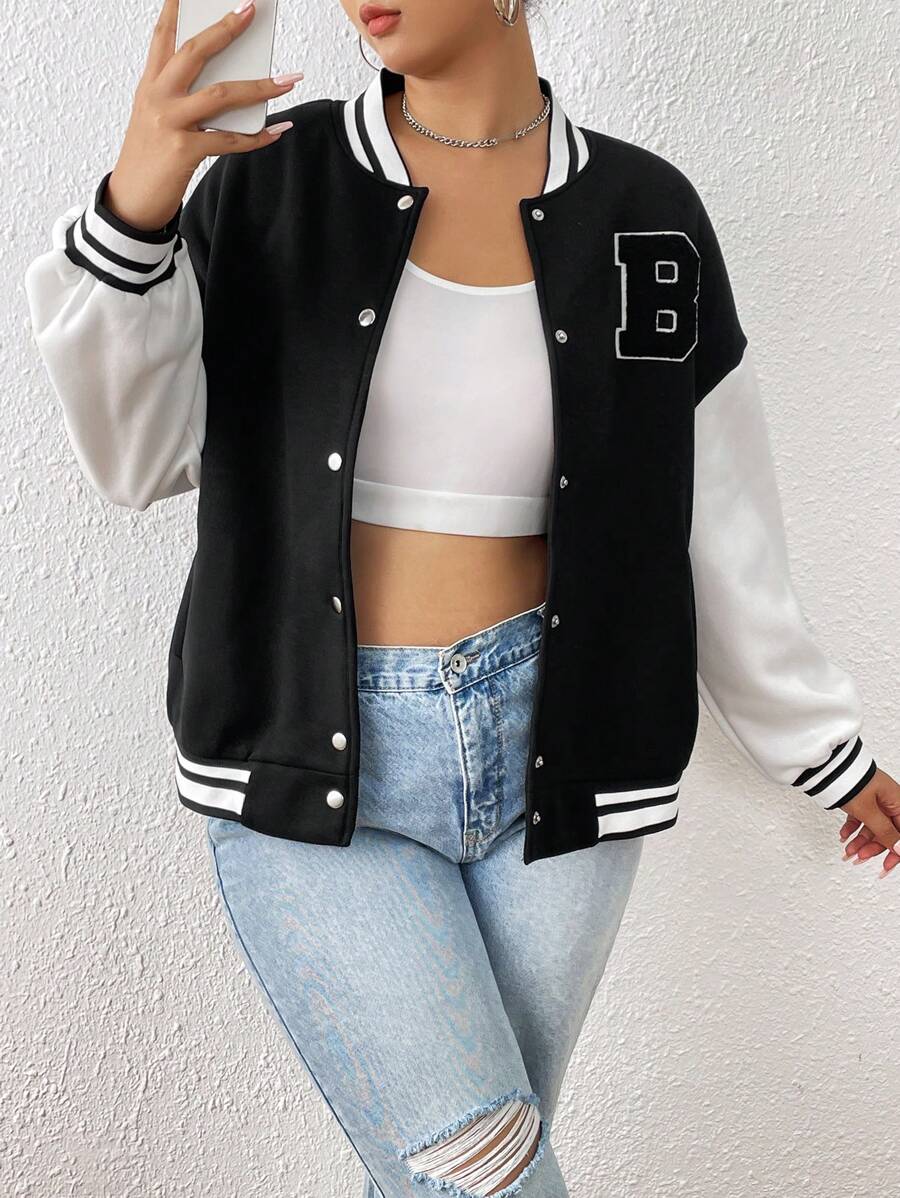 SHEIN EZwear Plus Letter Patched Striped Trim Drop Shoulder Varsity Jacket | SHEIN USA