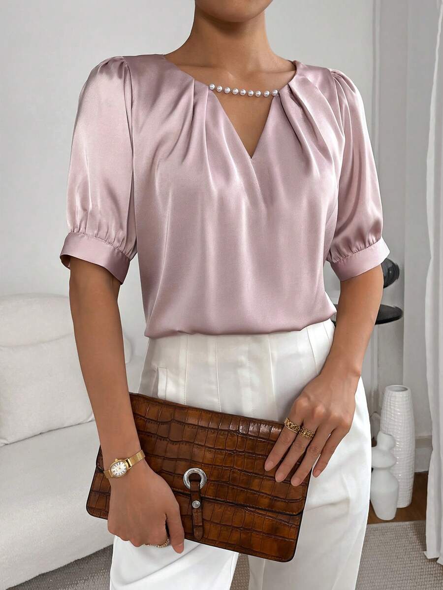 SHEIN Privé Pearls Beaded Keyhole Neckline Plicated Detail Puff Sleeve Blouse | SHEIN USA
