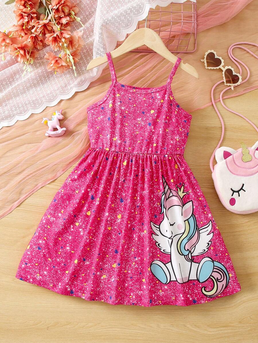 SHEIN Fun And Cute Girls' A-Line Spaghetti Strap Dress With Sequin And Unicorn Print, Sweet And ...