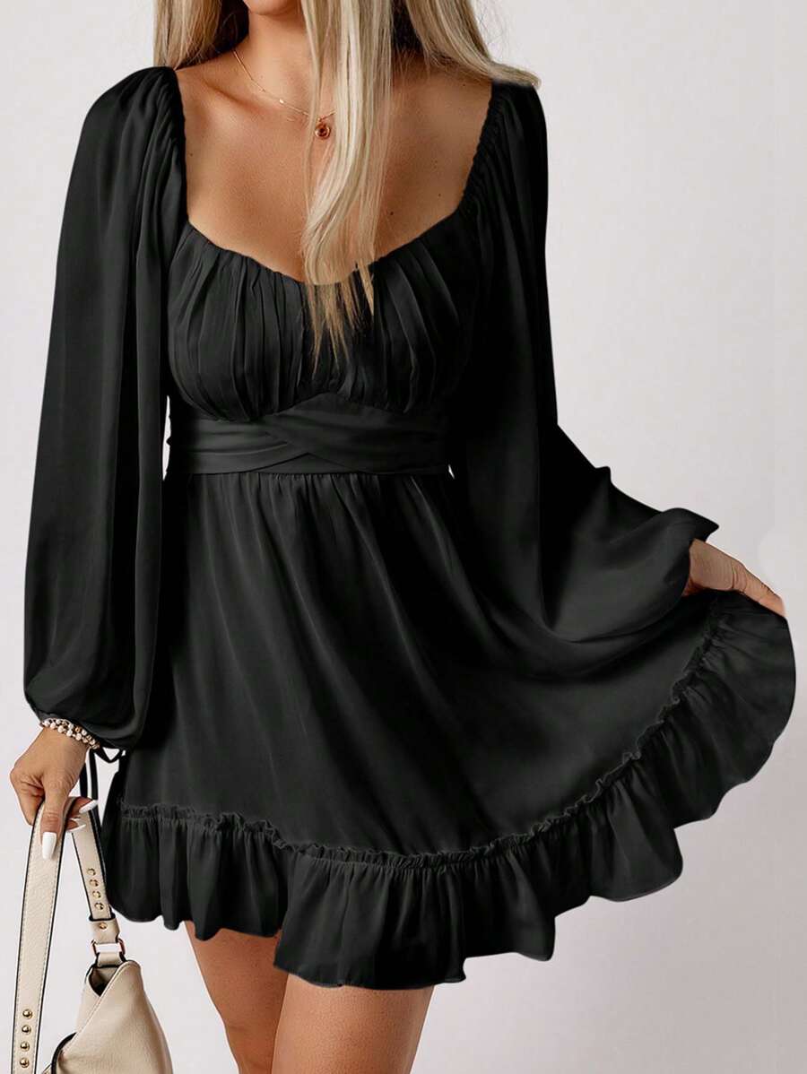 Acelitt Sweetheart Neck Lantern Sleeve Ruched Bust Ruffle Hem Dress | SHEIN USA